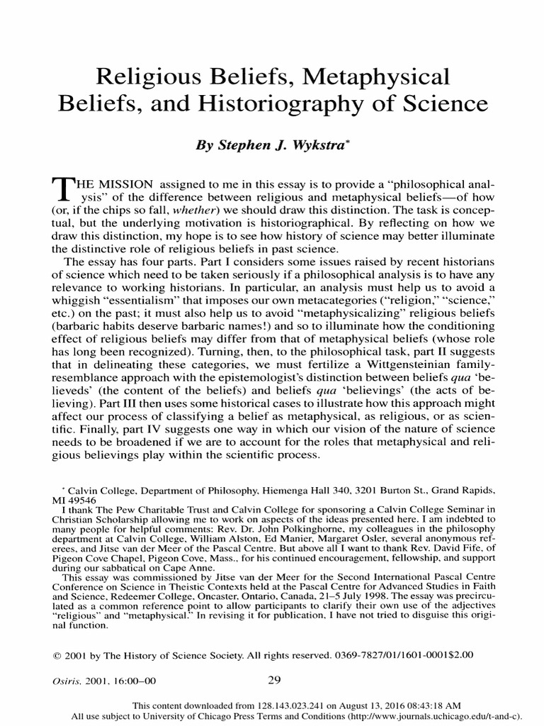 Stephen J. Wykstra Religious Beliefs, Metaphysical Beliefs, and ...