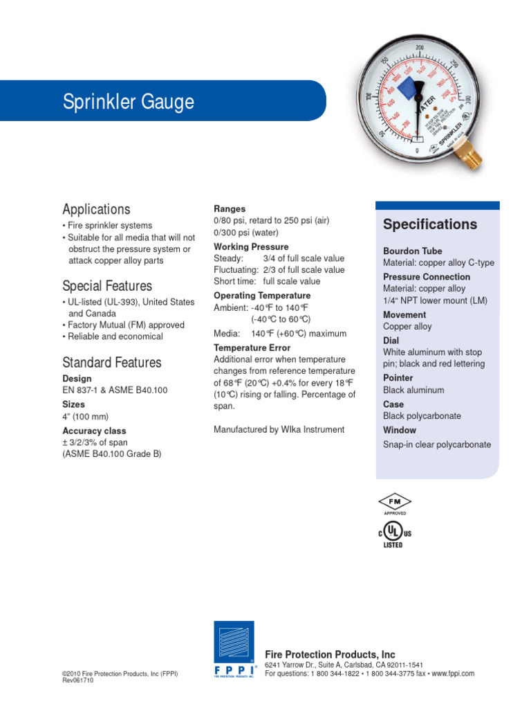 Sprinkler Gauge Specs & Features | PDF | Pressure Measurement | Materials