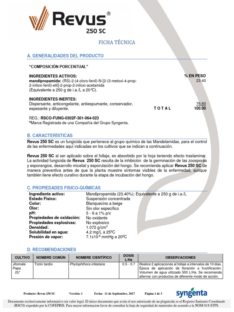Ficha-Técnica-Revus-250-SC-Syngenta-(México) | PDF | Pesticida | Agua