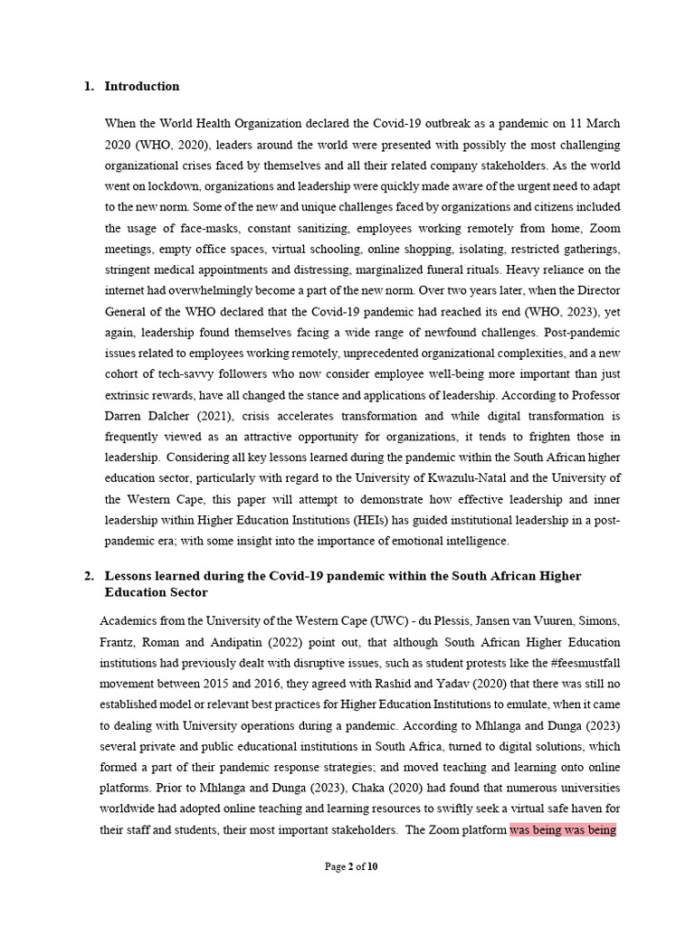 Leadership Lessons from South Africa's HEIs Post-COVID | PDF ...