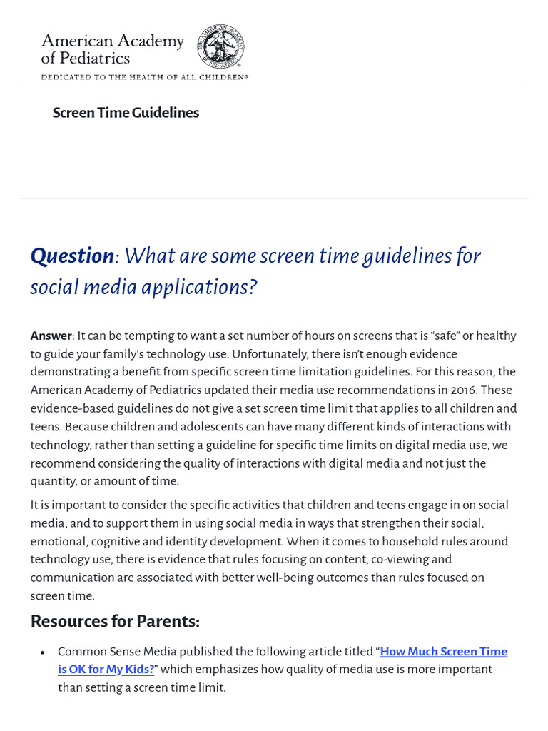 Screen Time Guidelines | Download Free PDF | Adolescence | Social Media