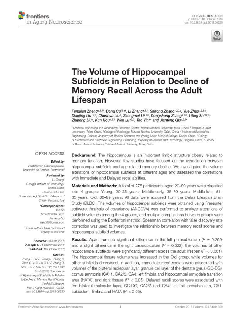 The Volume of Hippocampal Subfields in Relation To | PDF | Hippocampus | Memory