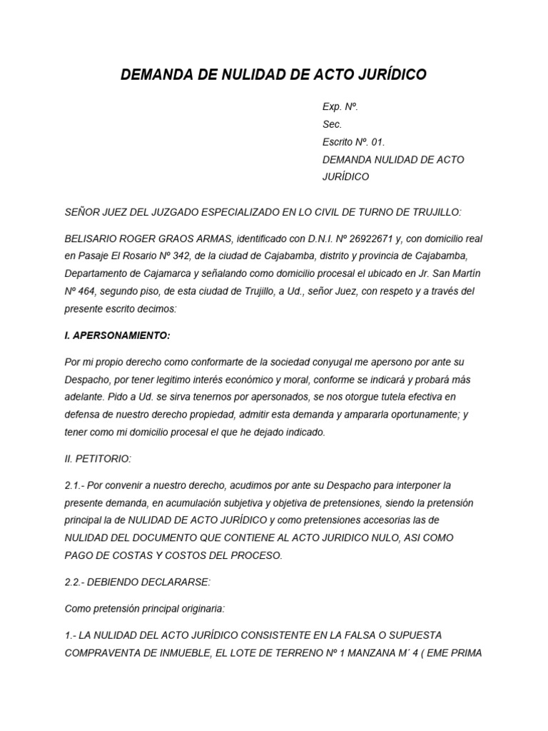 Demanda de Nulidad de Acto Juridico. | PDF | Demanda judicial | Propiedad