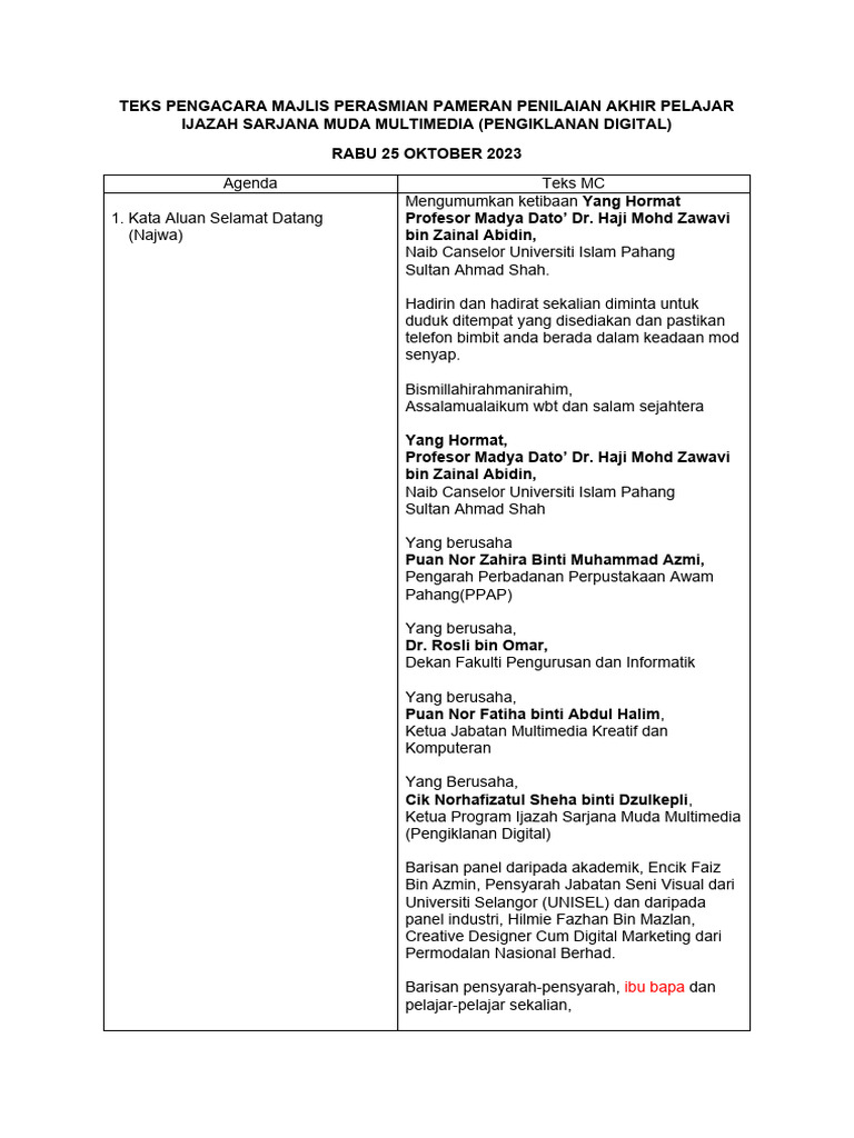 Teks MC Majlis Perasmian Pameran Akhir Multimedia 2023 | PDF