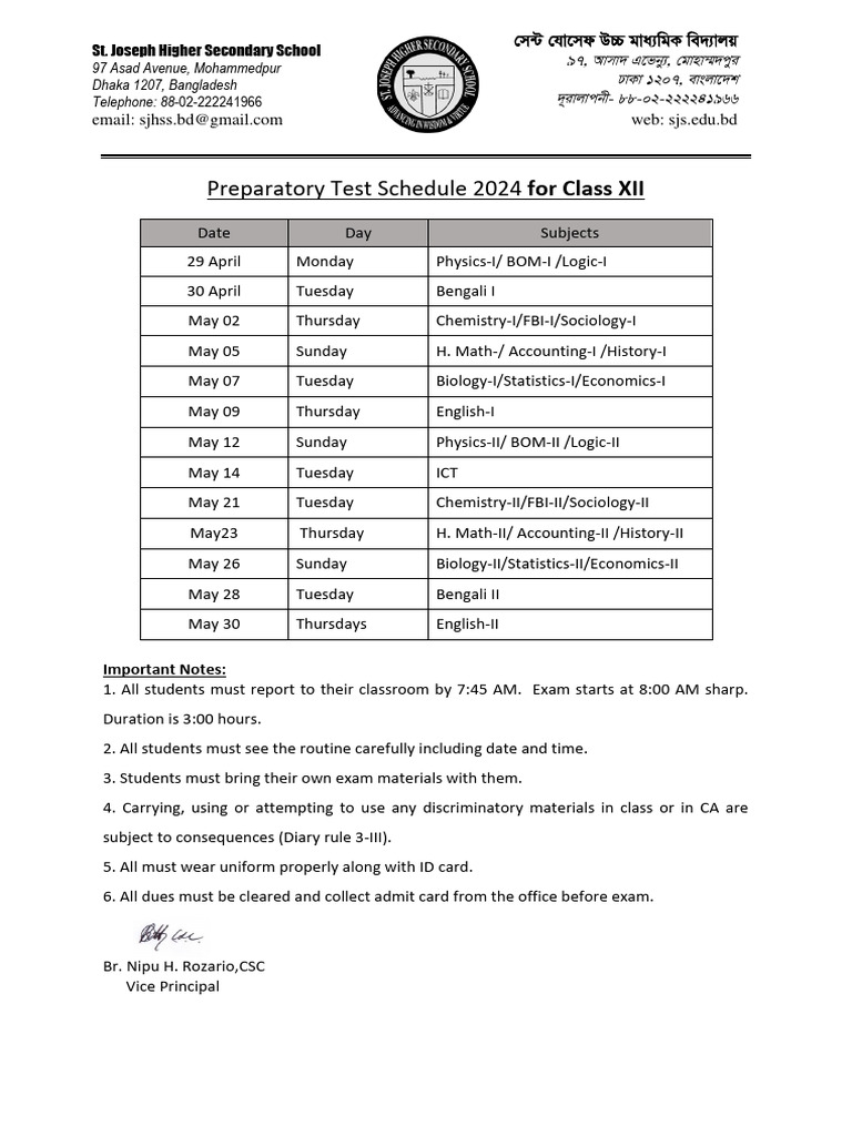 Preparatory Test Schedule 2024 For Class XII | PDF