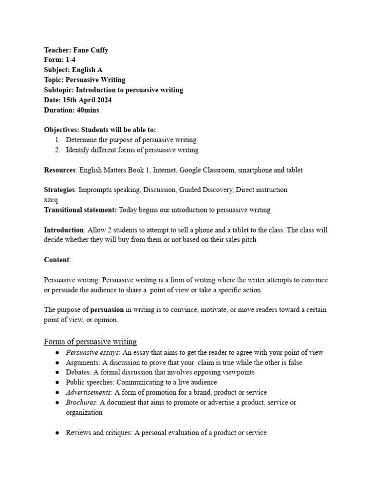 Form 1 Persuasive Writing Lesson Plans | PDF | Persuasion | Public Speaking