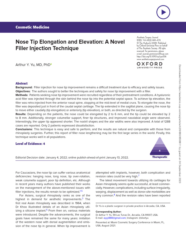 Nose Tip Elongation and Elevation: A Novel Filler Injection Technique ...