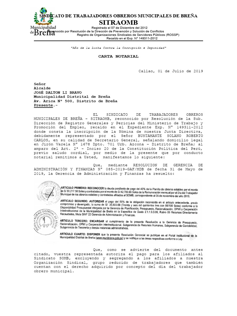 CARTA NOTARIAL 40 2018 DISCRIMINACION PDF Justicia Crimen Y
