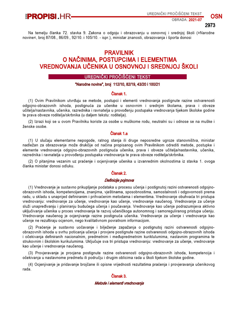 Pravilnik o Nacinima, Postupcima I Elementima Vrednovanja Ucenika U Osnovnoj I Srednjoj Skoli ...