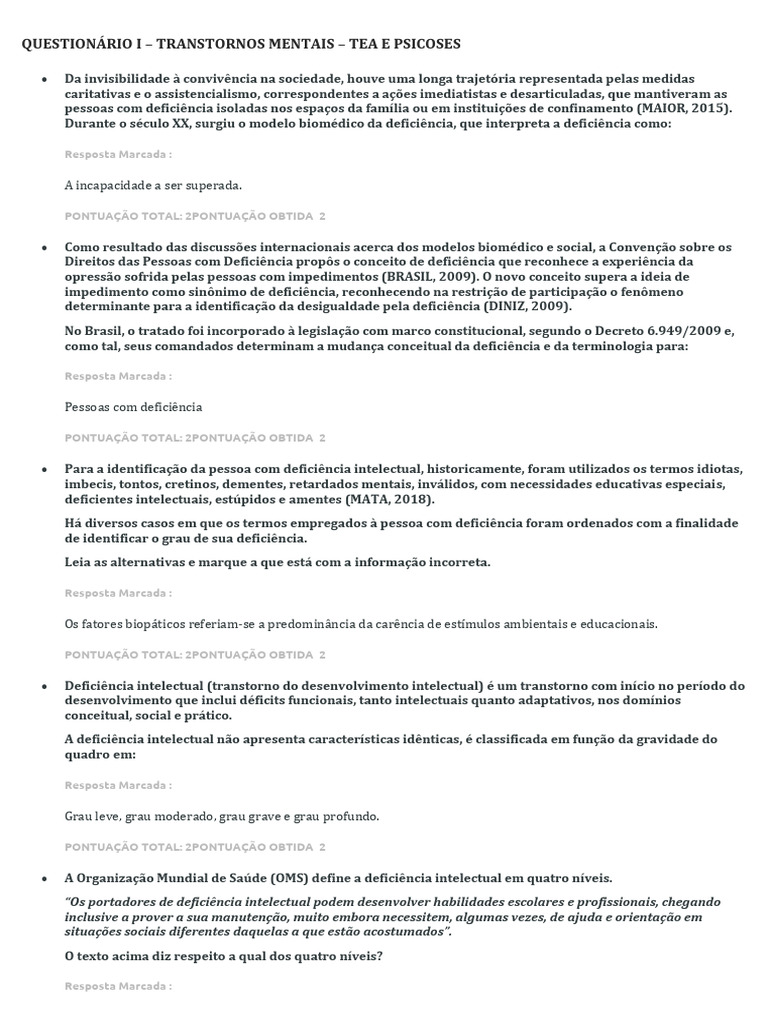 Questionário I - Transtornos Mentais - Tea e Psicoses | PDF | Neurociência | Deficiência intelectual