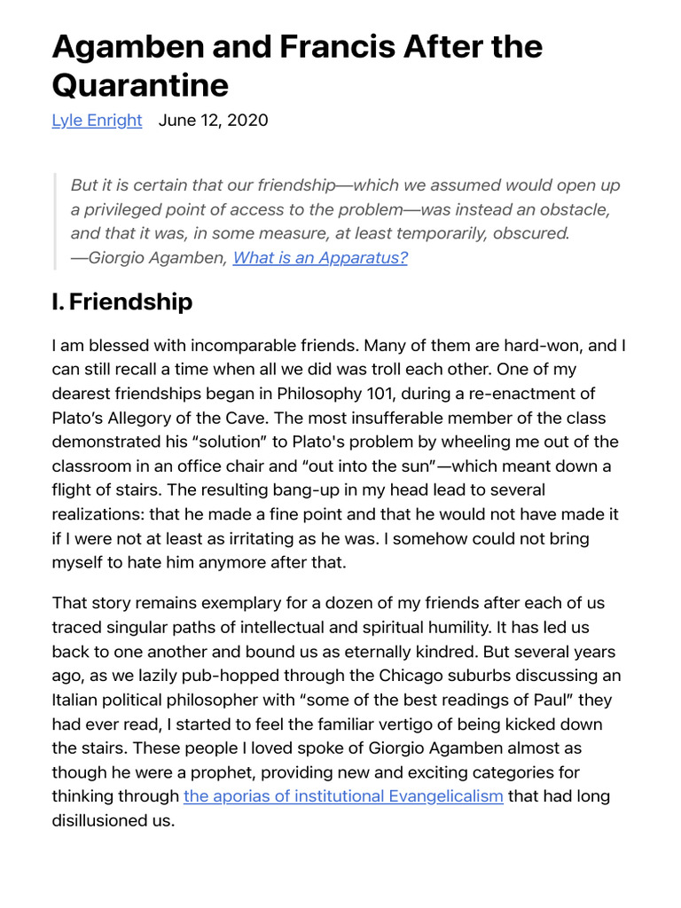 Agamben And Francis After The Quarantine Church Life Journal