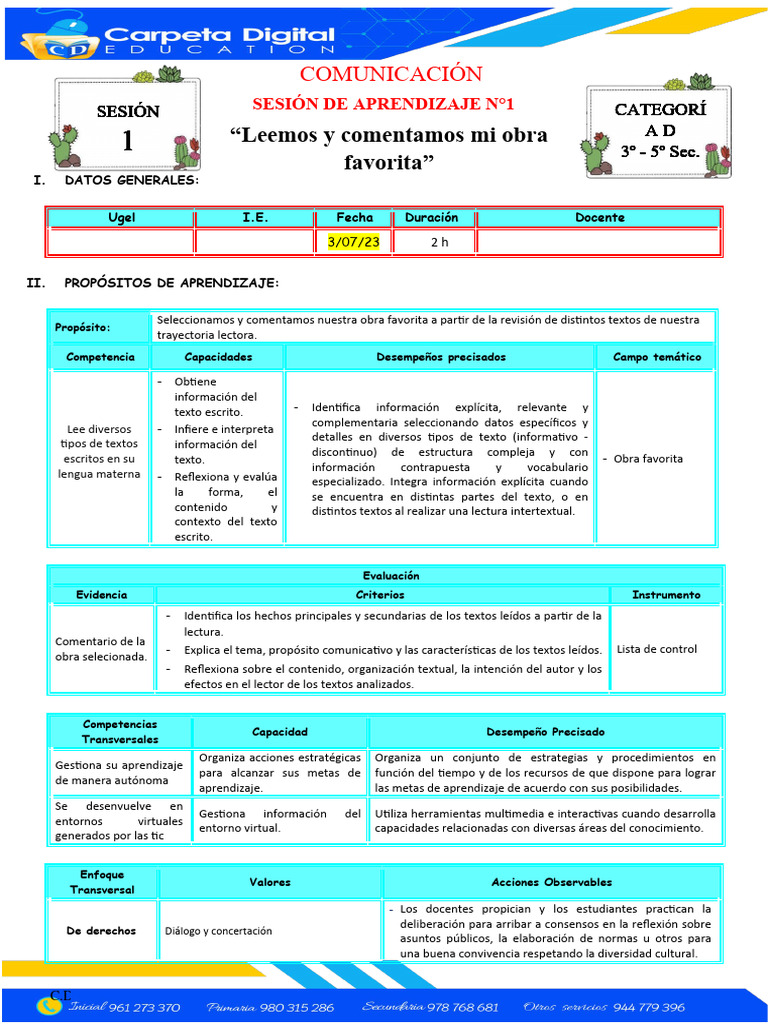 3°-4°-5° Sesión de Aprendizaje 1-Sem.1-El Peru Lee | Descargar gratis PDF | Aprendizaje | Enseñando