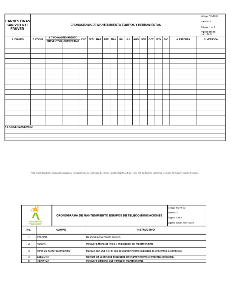 TC-FT-02 Formato cronograma de mantenimiento equipos de ...