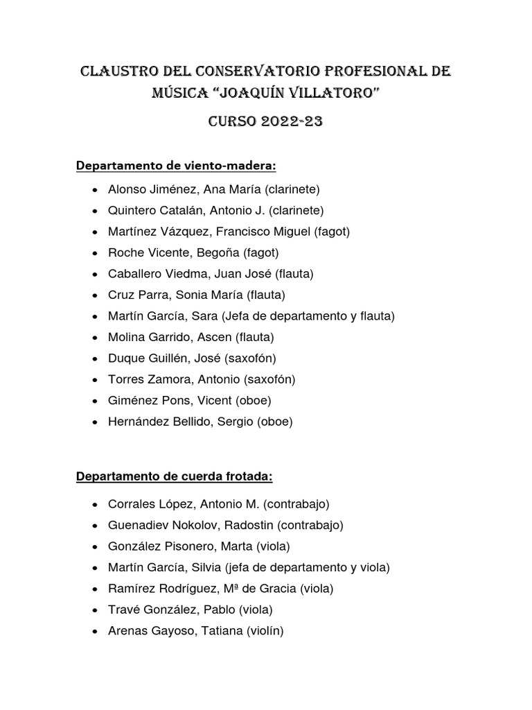 Claustro Conservatorio Joaquín Villatoro 2022-23 | PDF | Instrumentos ...