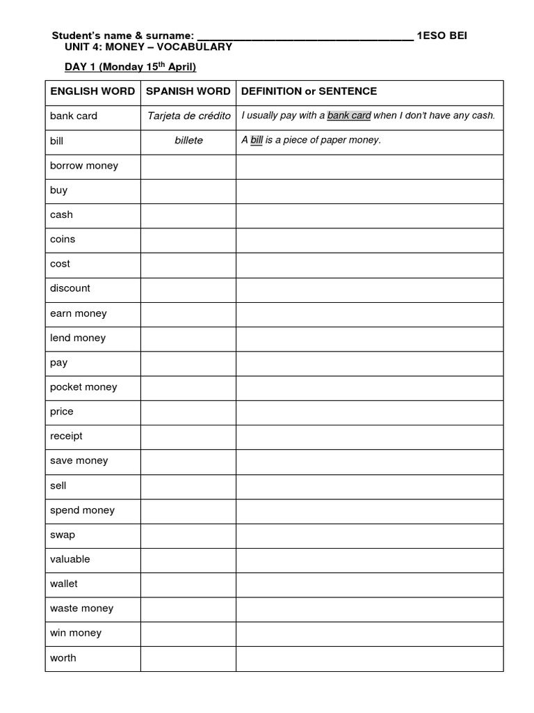 Money Vocabulary Exercises for 1ESO | PDF | Money | Economies