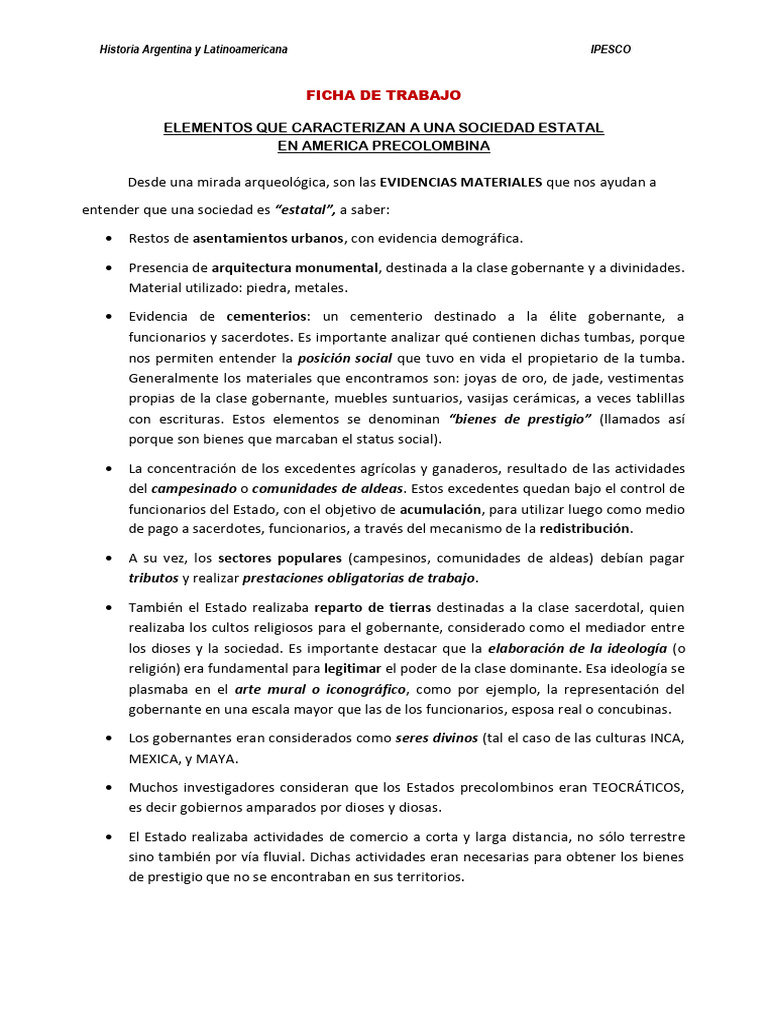 Ficha de Trabajo-ELEMENTOS QUE CARACTERIZAN A UNA SOCIEDAD ESTATAL EN ... Ficha de Trabajo-ELEMENTOS QUE CARACTERIZAN A UNA SOCIEDAD ESTATAL EN ...