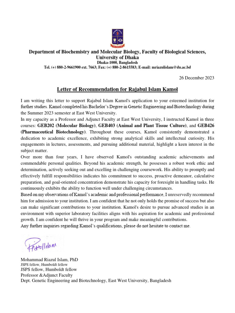 Letter of Recommendation for Kamol | PDF | Biotechnology | Biology
