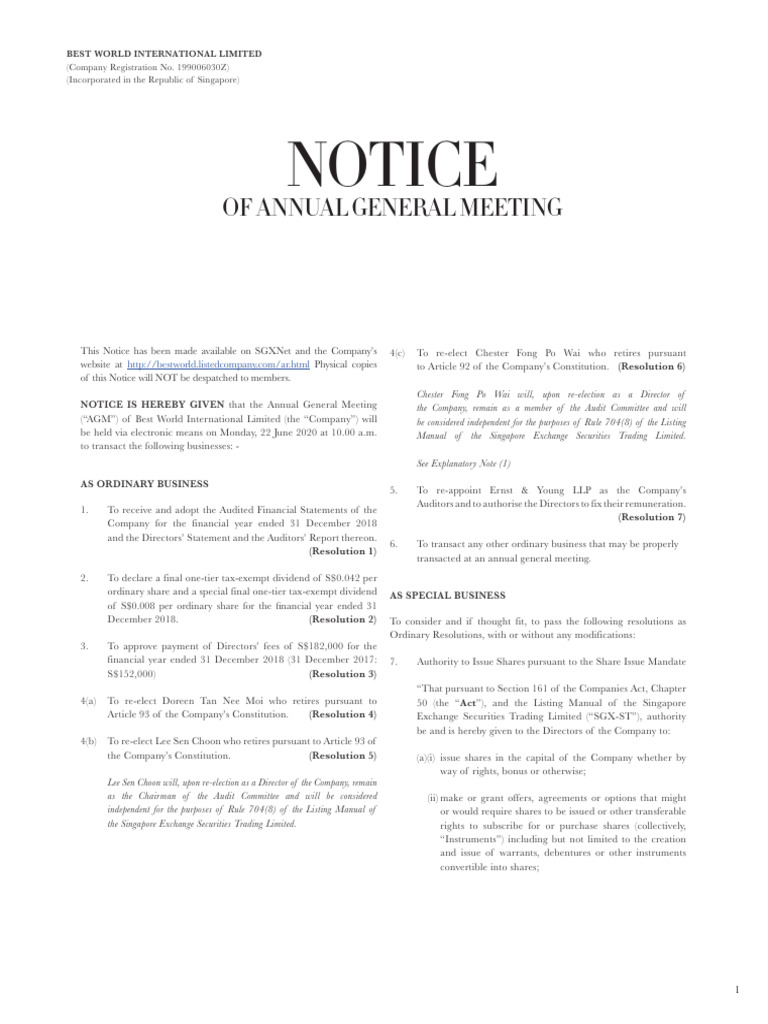 2 BestWorld Notice of AGM | PDF | Dividend | Proxy Voting