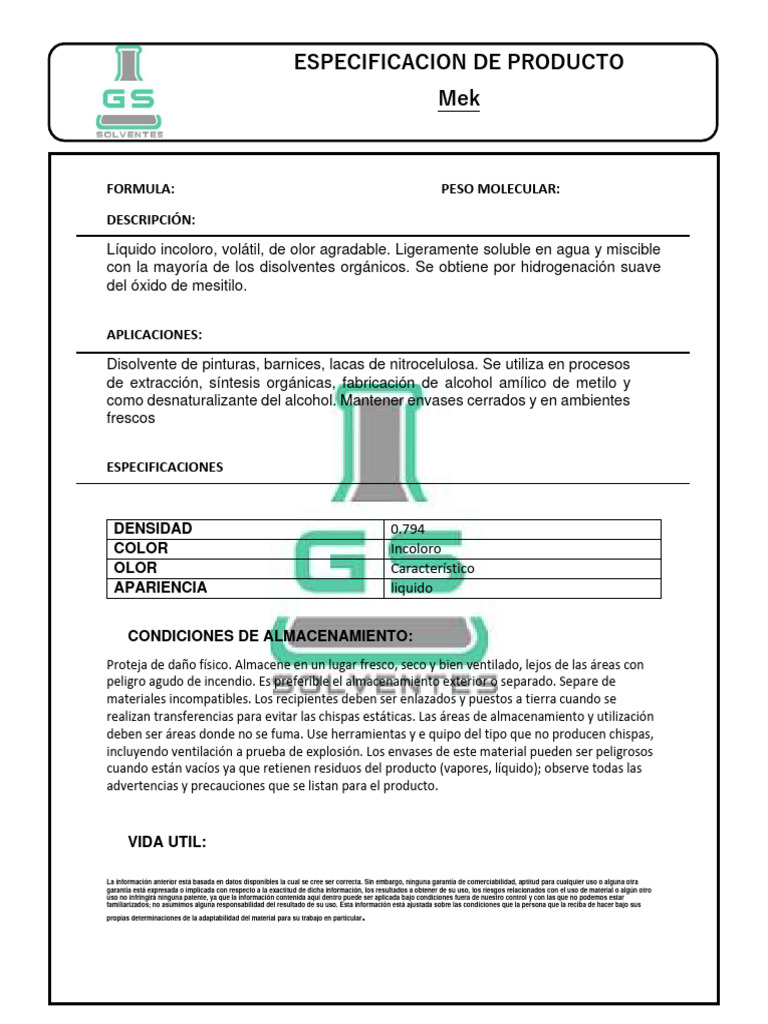 Especificacion de Producto Mek: Formula: Peso Molecular: Descripción ...