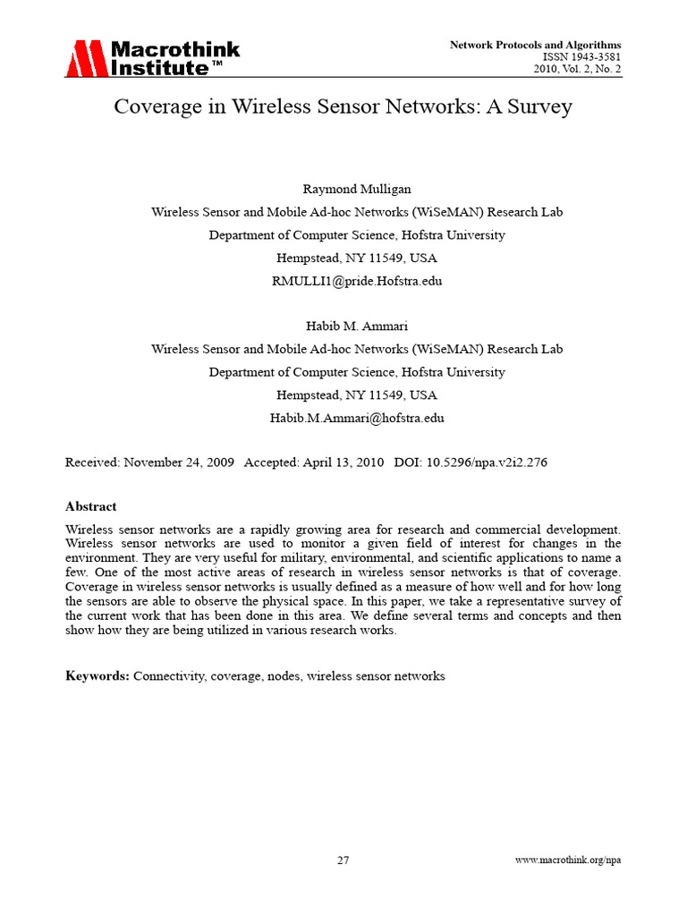 Coverage in Wireless Sensor Networks A Survey 1vmd2rjtwy | PDF | Wireless Sensor Network ...