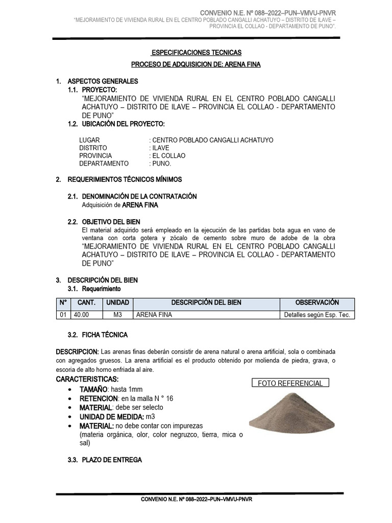 Especificaciones Tecnicas - Arena Fina | PDF