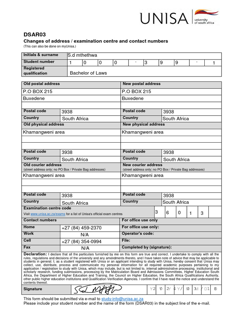 Unisa DSAR03 Address Change Form | PDF | Mail