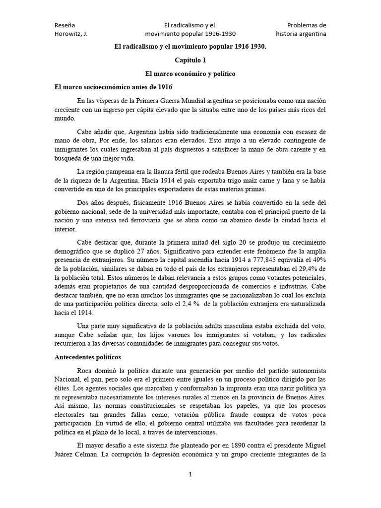 Horowitz Joel. El Radicalismo y El Movimiento Popular. 1916 y 1930 ...