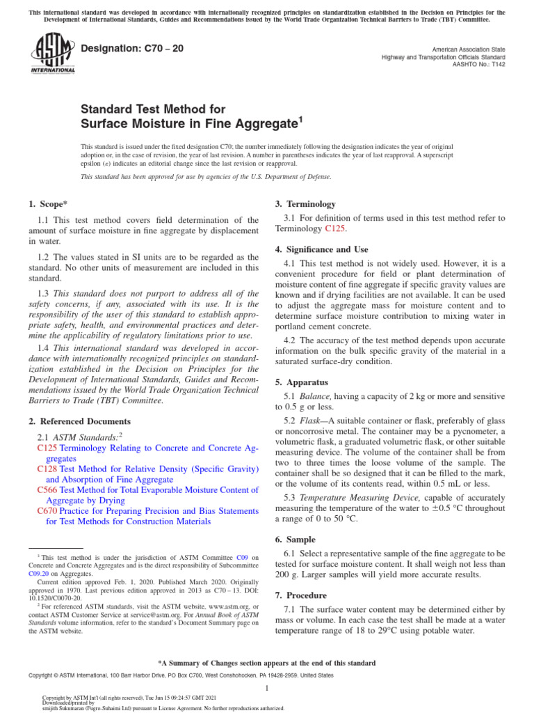 ASTM C 70-20 (Latest) Standard Test Method For Surface Moisture in Fine ...