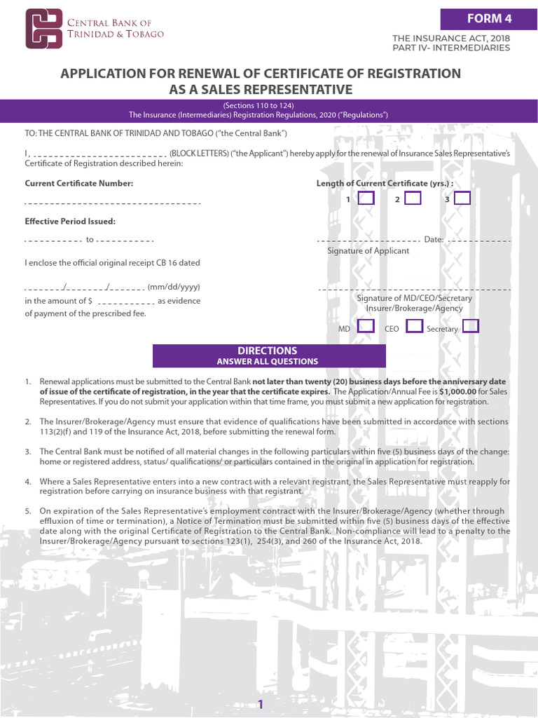 Application Renewal Certificate of Registration Sales Representative Form4 - 0 | PDF ...