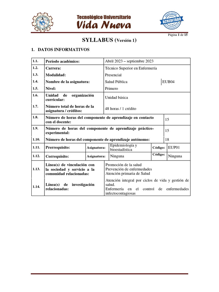 Syllabus de Salud Pública en Enfermería | PDF | Evaluación | Salud pública