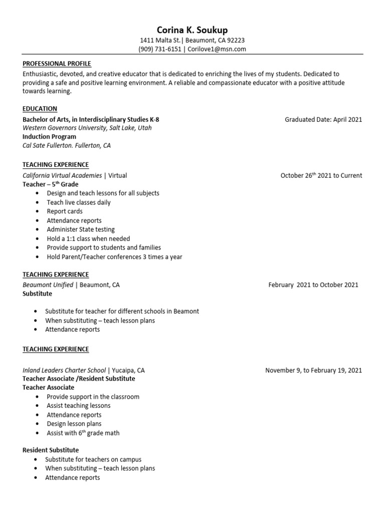 Corina Soukup Resume 2024 | PDF | Teachers | Lesson Plan