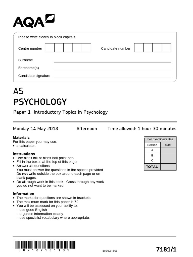 June 2018 QP - Paper 1 AQA Psychology AS-level | PDF | Memory ... June 2018 QP - Paper 1 AQA Psychology AS-level | PDF | Memory ...