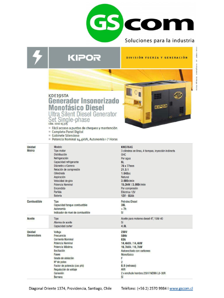 Ficha Tecnica Generador Monofasico Diesel Kde19sta Gscom | PDF
