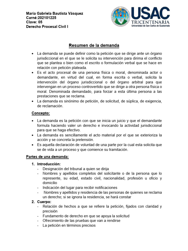 Resumen de la demanda (1) | PDF | Demanda judicial | Ley procesal