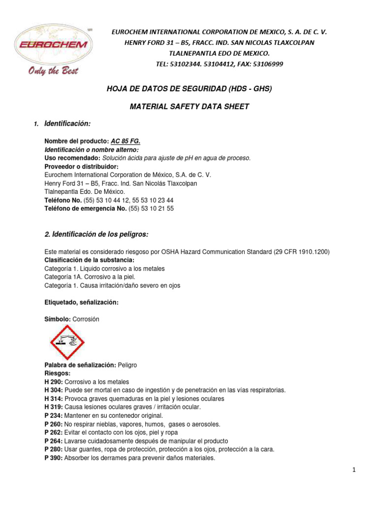 Hoja de Datos de Seguridad (Hds - GHS) Material Safety Data Sheet | PDF | Agua | Quemar