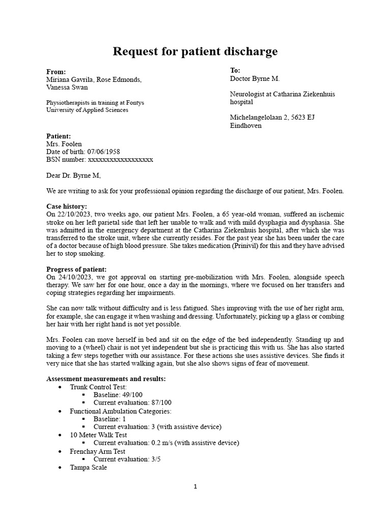 Request For Patient Discharge Physiotherapy Example | Download Free PDF ...