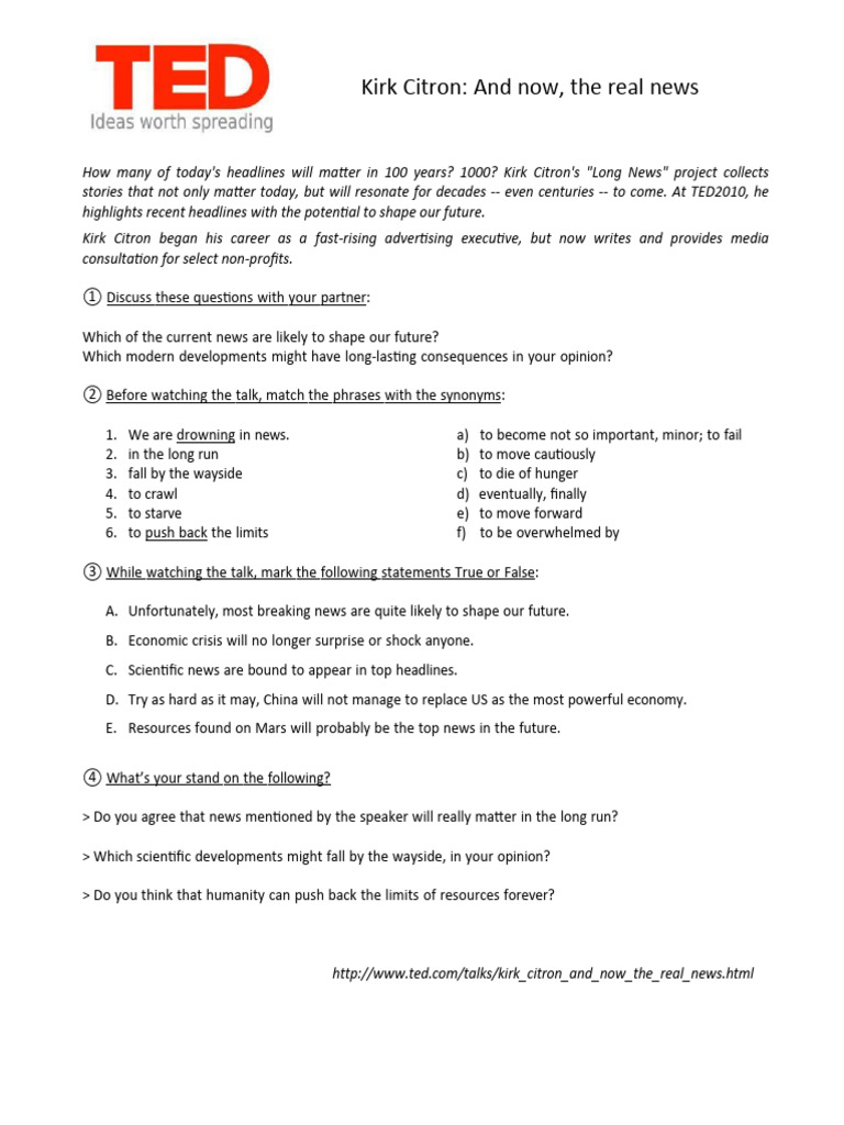 1-A TED TALK Kirk Citron and Now, The Real News Worksheet | PDF