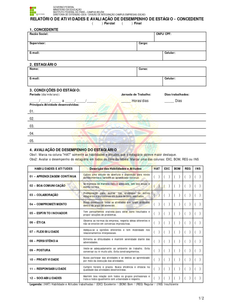 Prorrogação - Avaliação Do Estagiário Pelo Concedente (Concedente ...