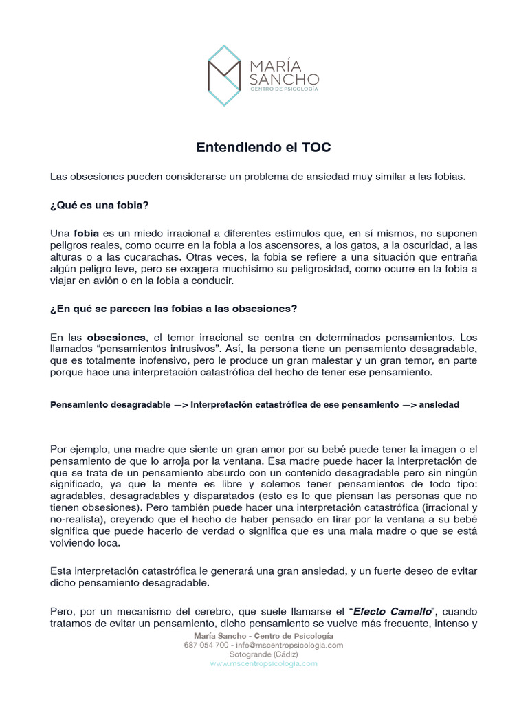 Entendiendo El TOC | PDF | Pensamiento | Fobia