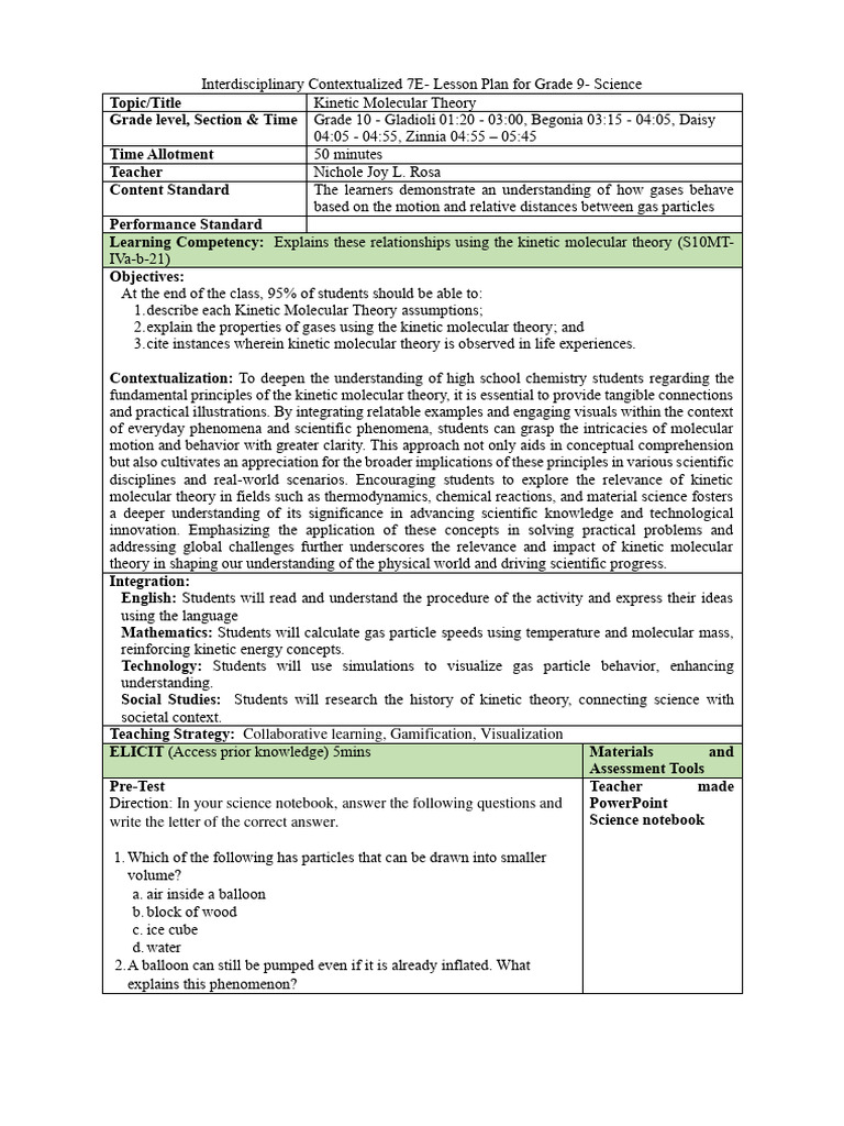 Kinetic Molecular Theory Lesson Plan | PDF | Gases | Temperature