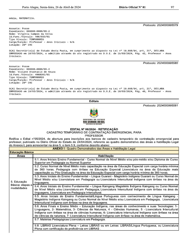 DOE 26ABRIL2024 RETIFICA EDITAL PROF SERV_041 | PDF