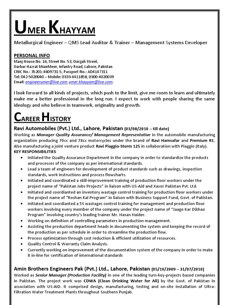 Umer CV - Edited | PDF | Quality Management | Pakistan