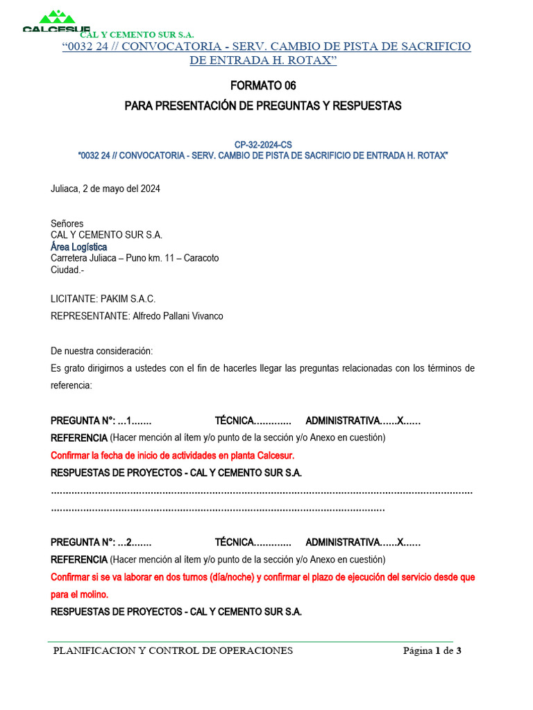 Formato 06 Consultas Calcesur 032-24 | PDF