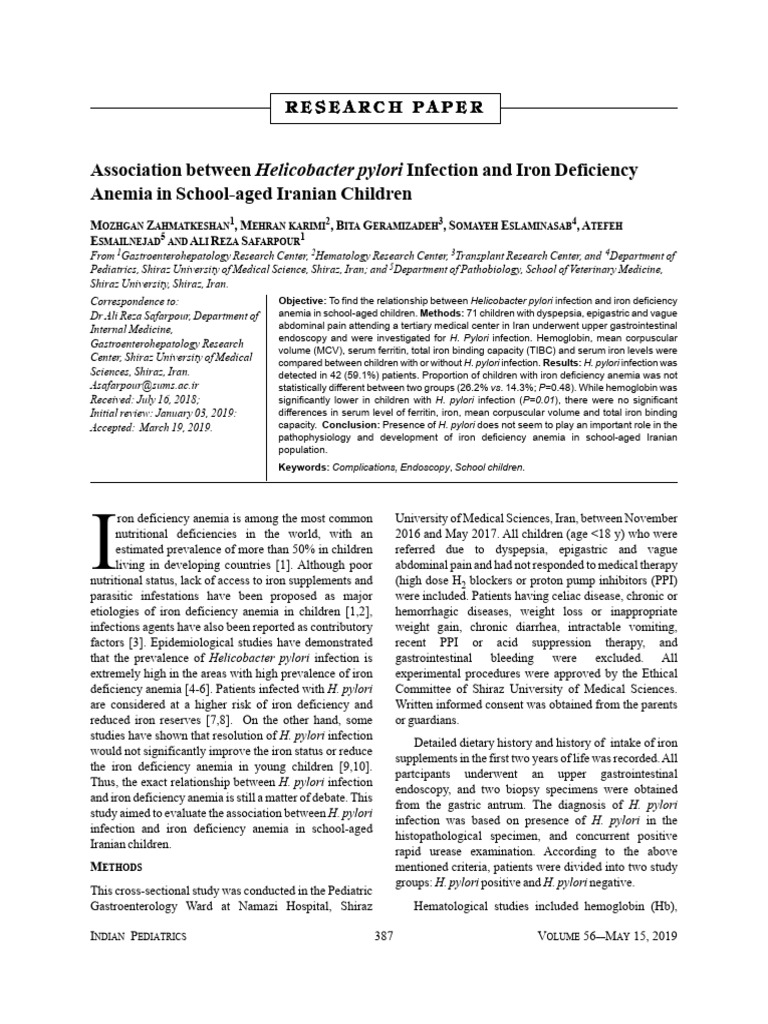 Association Between Helicobacter Pylori Infection and Iron Deficiency | PDF | Anemia ...