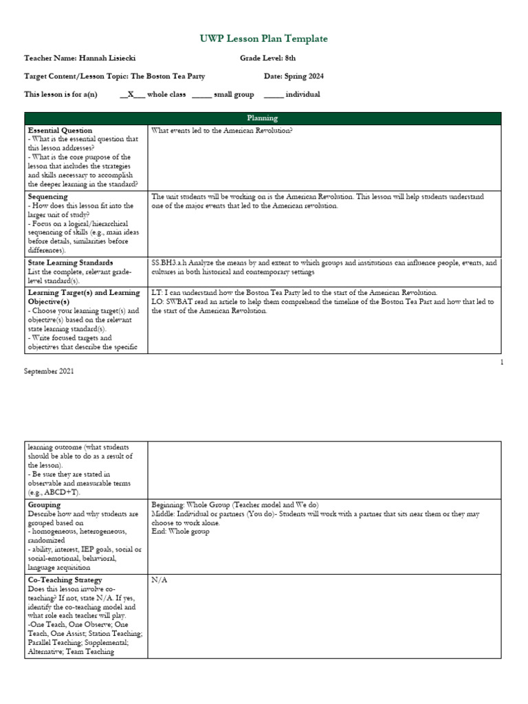 Boston Tea Party Lesson Plan for 8th Grade | PDF | Educational ...
