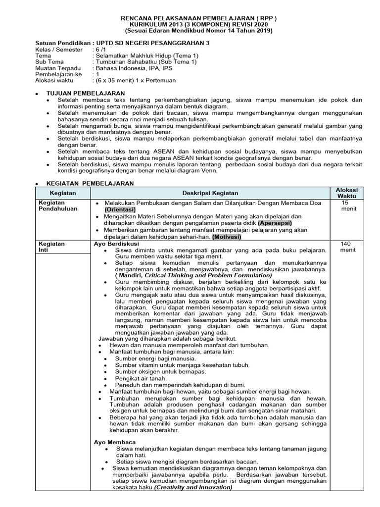Rpp Kelas 6 Tumbuhan Dan Asean Pdf