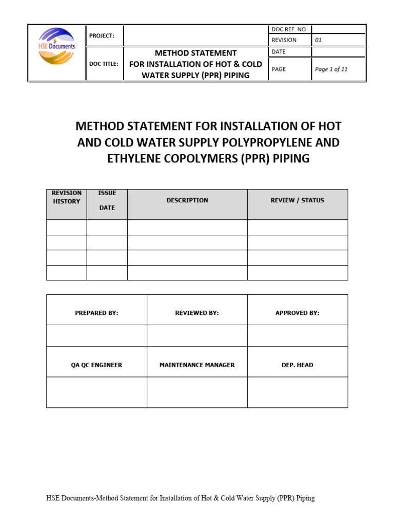 Method Statement For Installation of Hot & Cold Water Supply (PPR ...