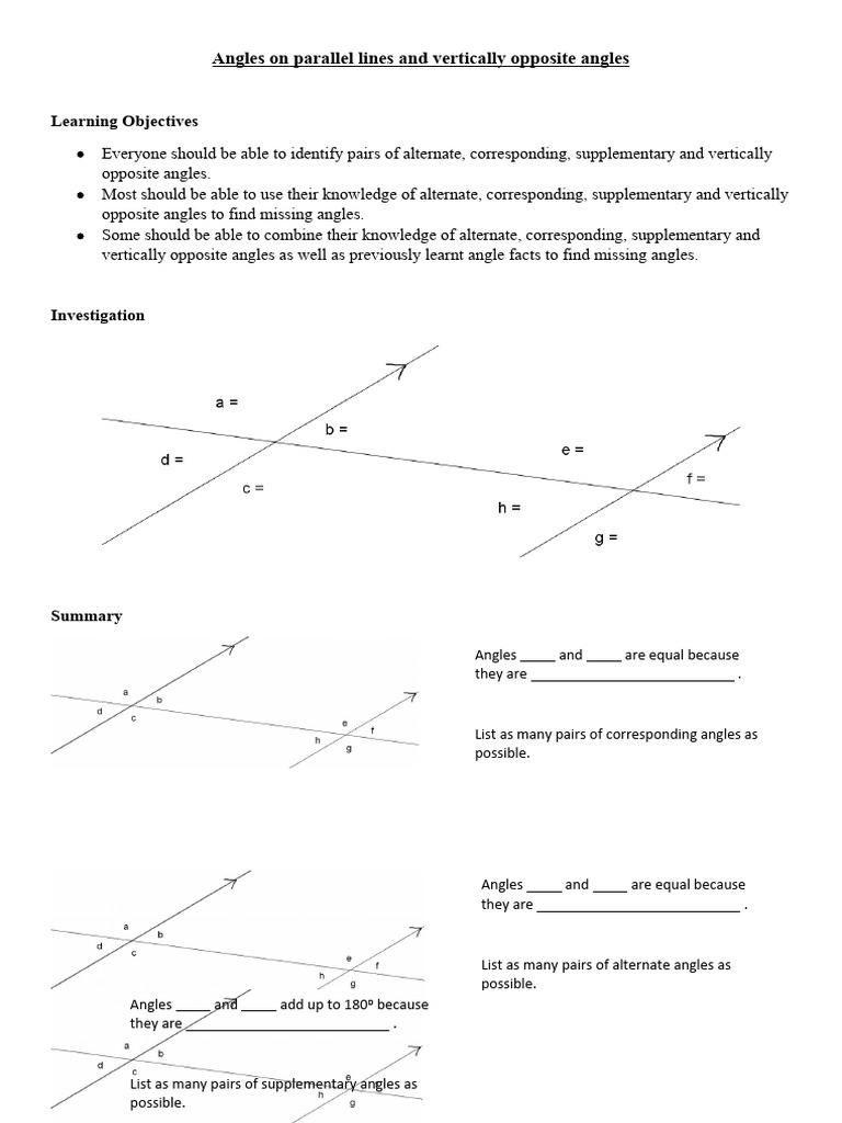 Angles On Parallel Lines and Vertically Opposite Angles | PDF