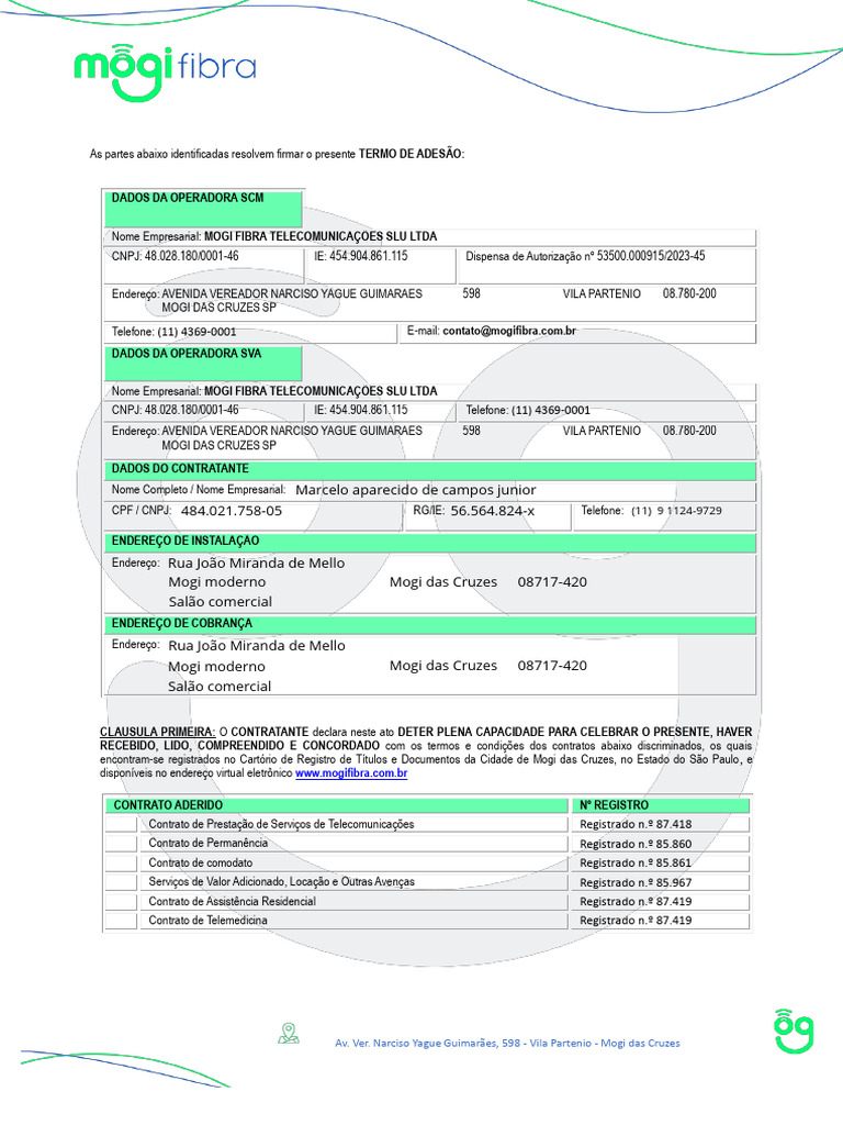 Termo de Adesão Mogi Fibra Marcelo Aparecido de Campos Junior | PDF | Wi-Fi | Rede de computadores