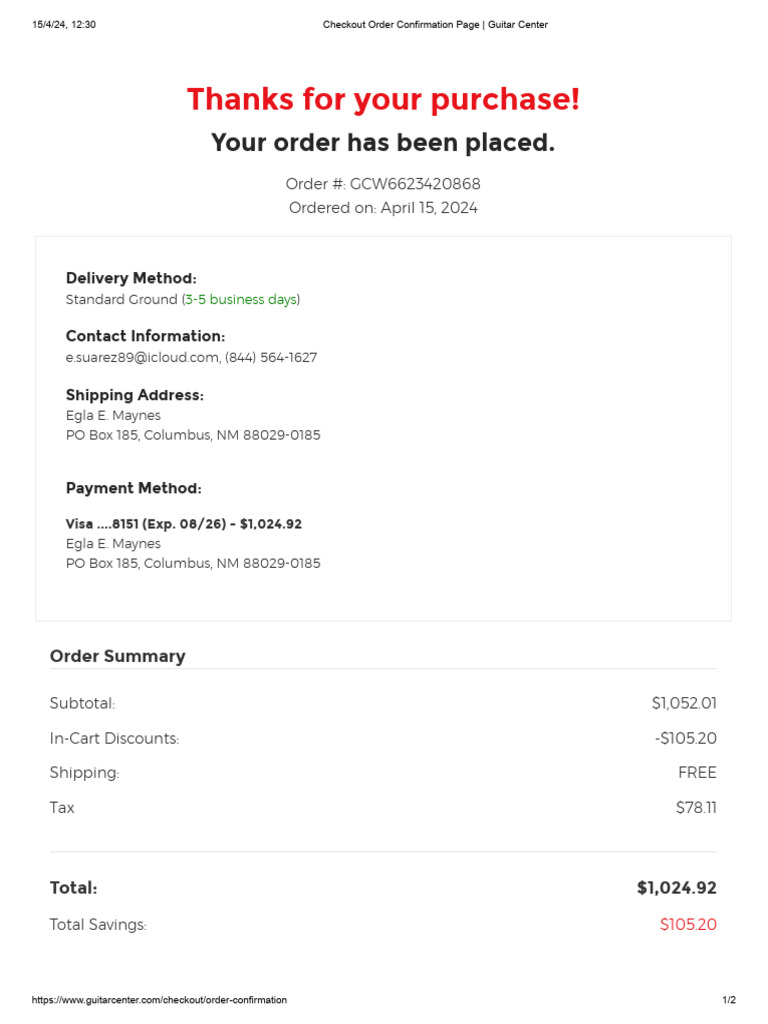 Checkout Order Confirmation Page - Guitar Center | PDF | Musical Instruments | Guitars